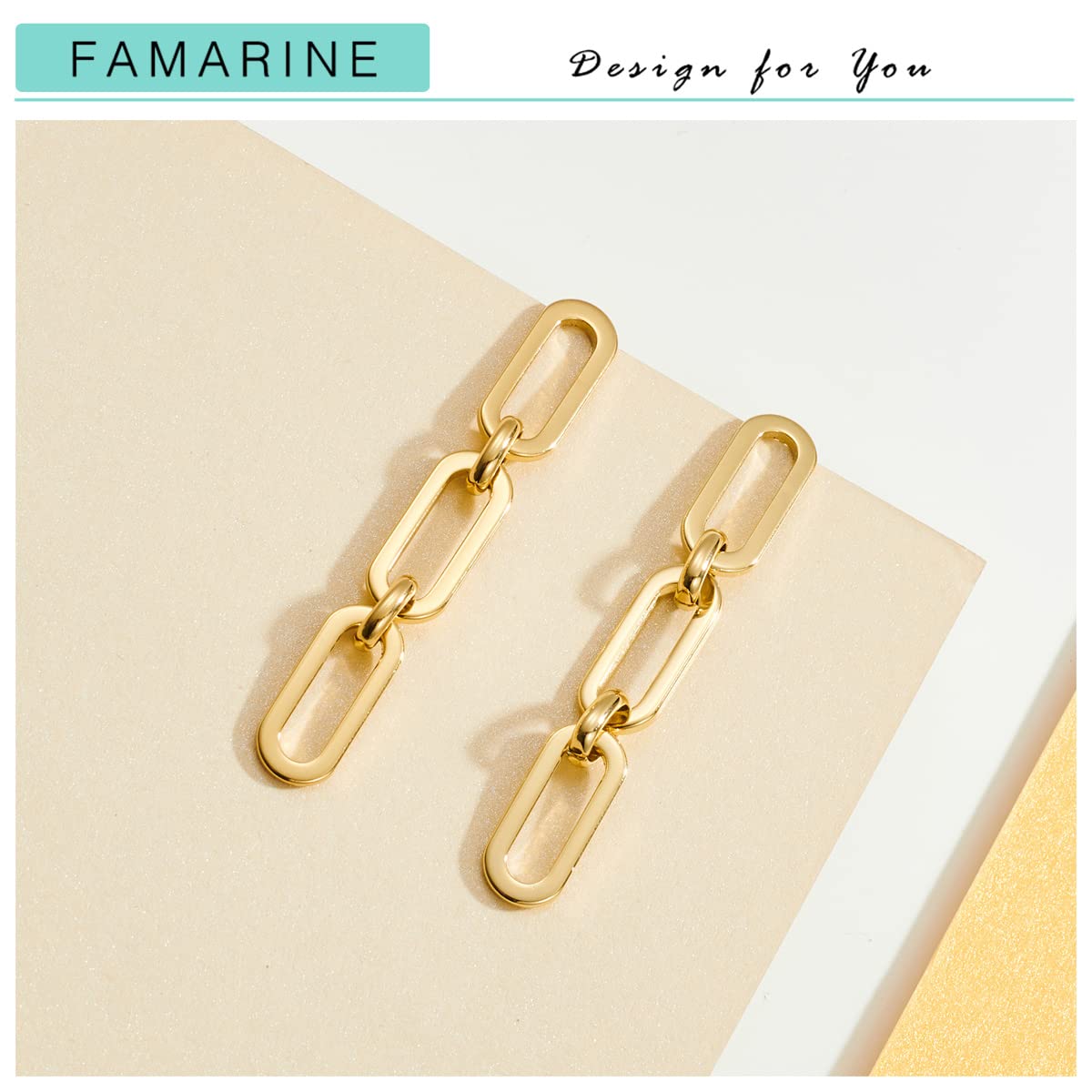 FAMARINE Gold Chain Drop Earrings for Women, 14K Real Gold Plated, 52mm Length, 7.5mm Width, Lightweight and Durable