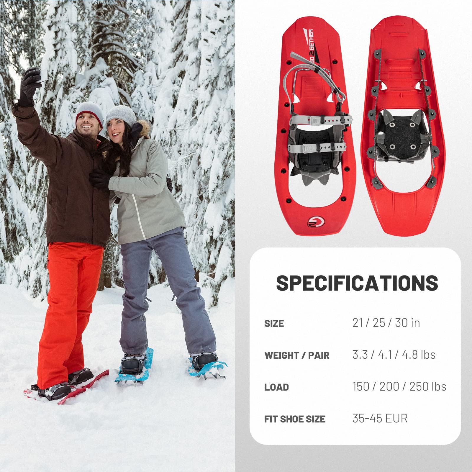 G2 25 Inch Mountain Terrain Snowshoes with Trekking Poles Set, Improved Extended Crampon, EVA Foam Padded, Flexible Pivot Bar, Tote Bag, Grey