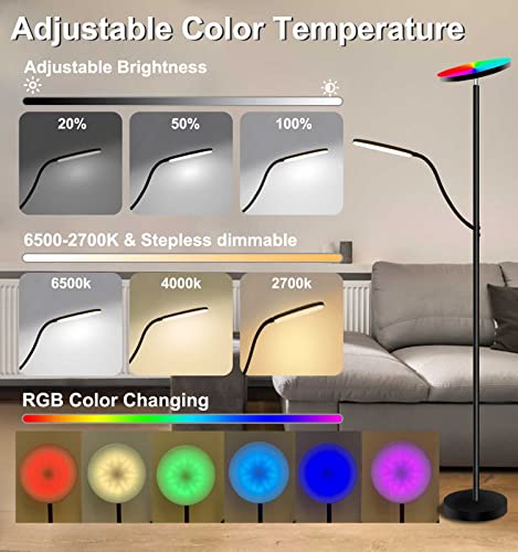 Hyskostar Standing Multicolor Lamp, Dimmable Colorful RGB Floor Lamps,Top Sky Light and Side Reading Lamp, Adjustable Tall Lamp with Remote & Long Touch &APP Control for Living Room Bedroom Office
