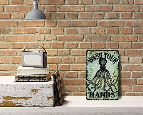 Octopus Wash Your Hands Bathroom Wall Metal Sign