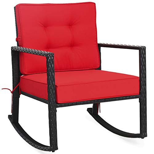 Tangkula Wicker Rocking Chair, Outdoor Glider Rattan Rocker Chair with Heavy-Duty Steel Frame, Patio Wicker Furniture Seat with 5” Thick Cushion for Garden, Porch, Backyard, Poolside (1, Red)