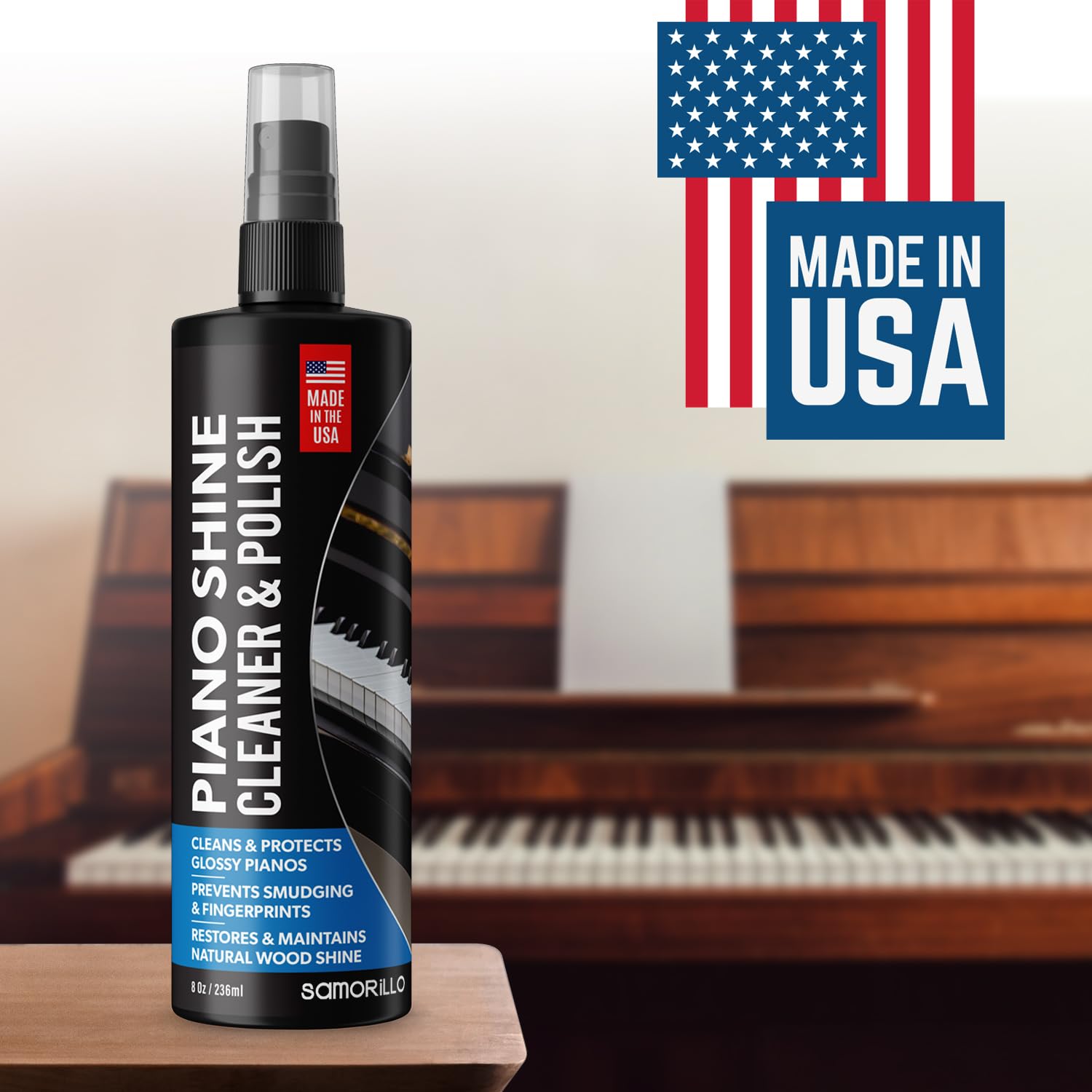 Samorillo Piano Shine Polish & Cleaner - Clean, Polish, Wax & Protect Glossy Pianos & Surfaces - Made in USA - 8 oz Cleaning Solution with Added UV Protectant & Anti-Static - Prevents Dust & Smudges