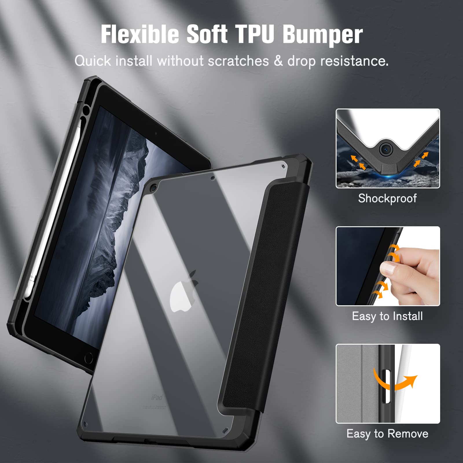 Fintie Hybrid Slim Case for iPad 9th / 8th / 7th Generation (2021/2020 / 2019) 10.2 Inch - [Built-in Pencil Holder] Shockproof Cover with Clear Transparent Back Shell, Don't Touch