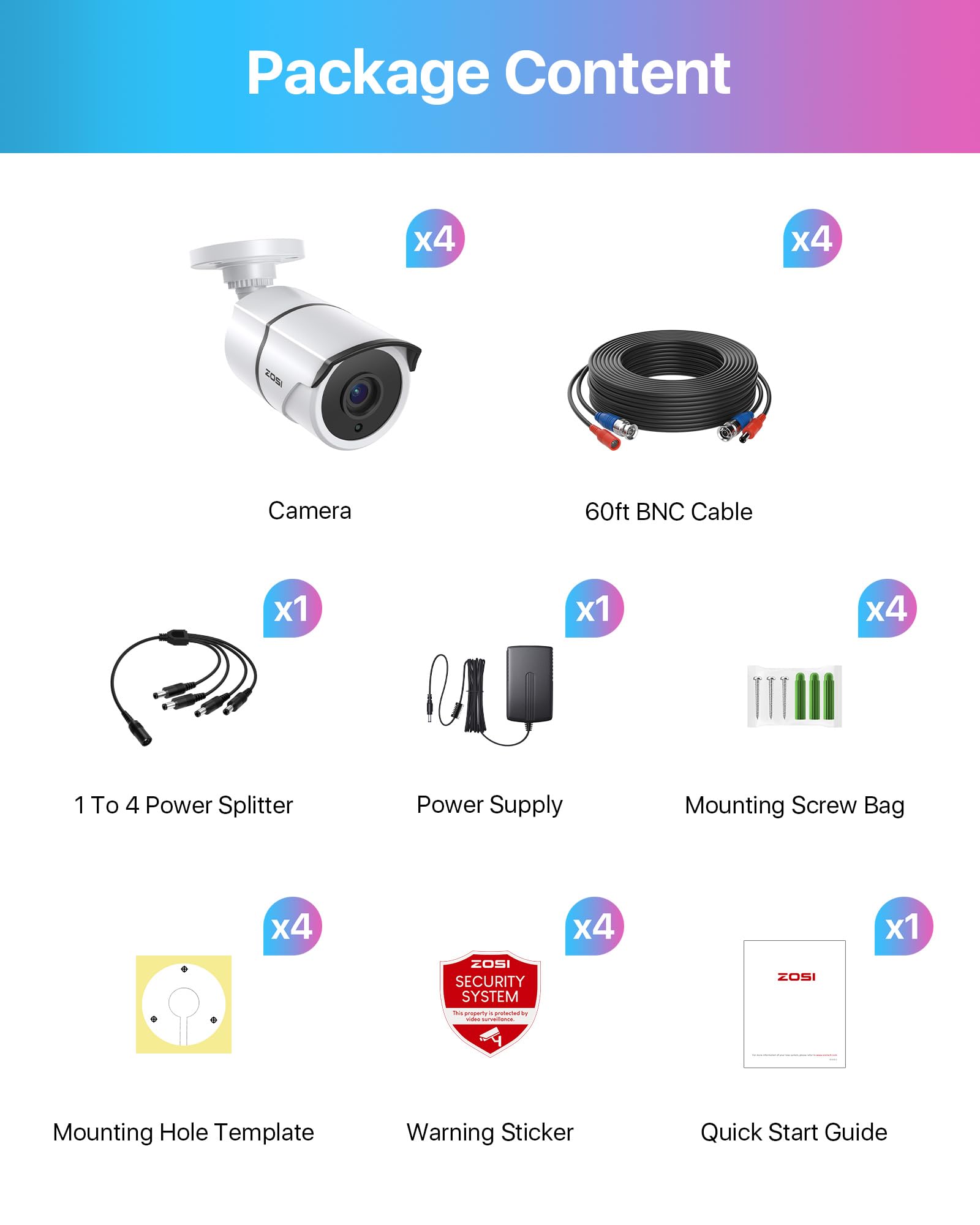 ZOSI 4PACK 1920TVL 1080P HD TVI Security Cameras 120ft Night Vision CCTV Cameras Home Security Day/Night Waterproof Camera for 720P,1080P,5MP,4K HD-TVI Analog DVR Systems