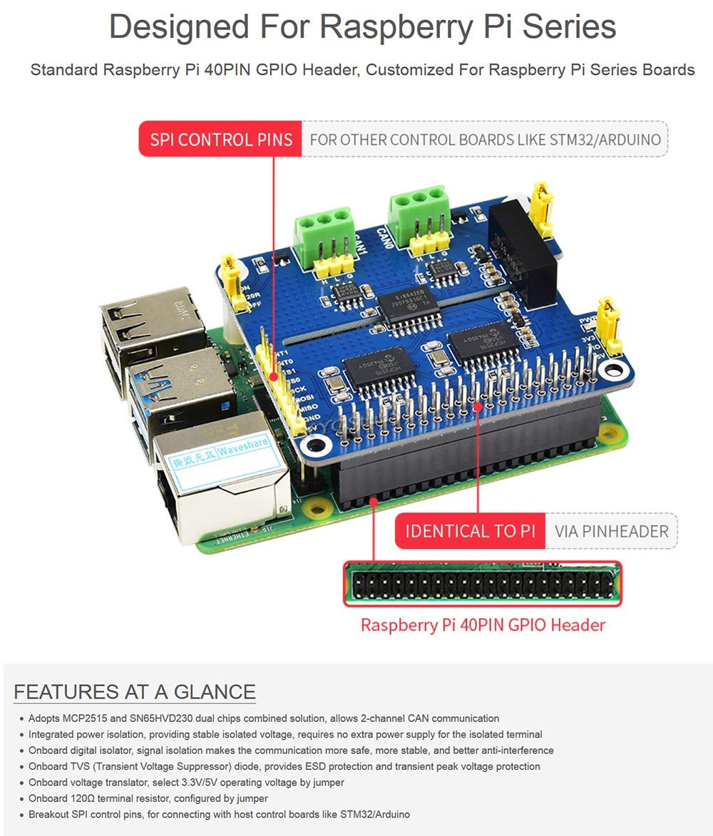 for Raspberry Pi 2-Channel Isolated CAN Bus Expansion HAT MCP2515 + SN65HVD230 Dual Chips Solution 3.3V/5V Breakout SPI STM32 with Multi Onboard Protection Circuits 2-CH @XYGStudy