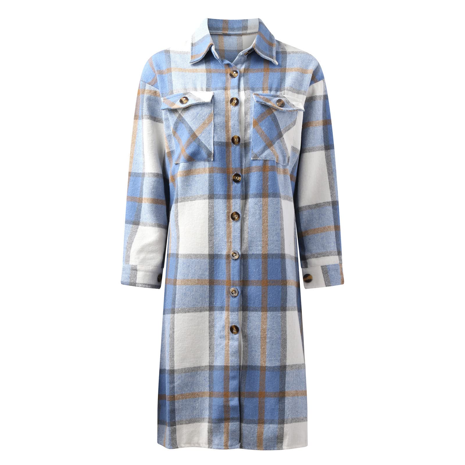 Echoollly Women's Plaid Long Shacket Casual Woolen Blend Lapel Button Down Shirts Jacket Winter Loose Oversize Coat Outerwear, Light Blue, X-Large