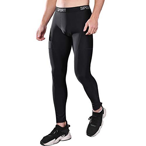 FANDIMU Men's Compression Pants, Cycling Pants, Tight Base Layer Gym Workout High Elasticity Leggings with Pocket, 2 Packs L