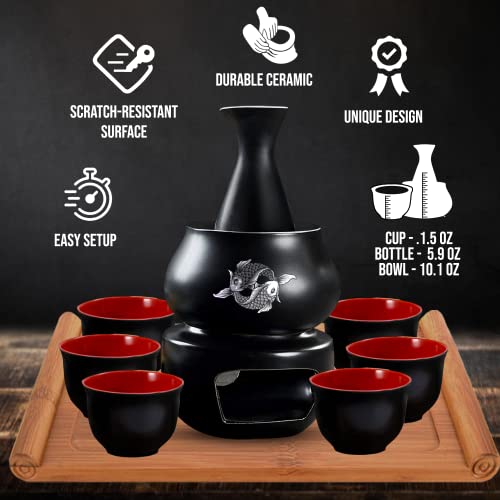 Japanese Sake Set with Warmer | 11 pc | 6 sake cups only | non electric sake warmer | sake bottle | candles | lighter | bamboo sake flight tray for sake cup set | bomb gift kit for chinese sake set