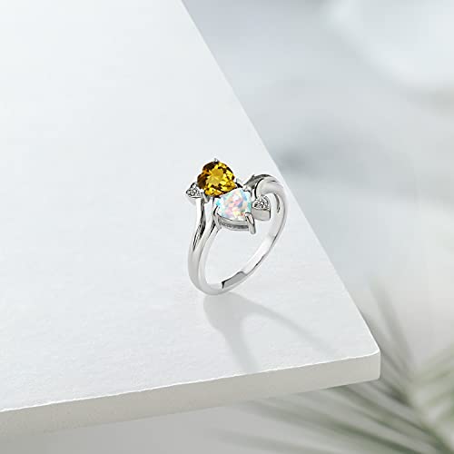 Gem Stone King 1.43 Ct Heart Shape Yellow Citrine White Simulated Opal 925 Sterling Silver Diamond Ring (Size 9)