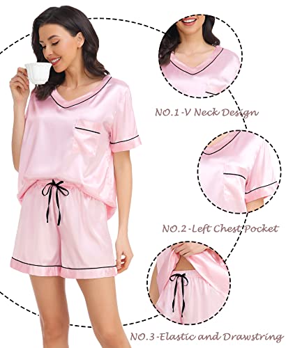 SWOMOG Womens Short Sleeve Satin Pajama Set Silk Pjs Lounge Set V Neck Two Piece Loungewear Sets Cute Cozy Sleepwear Rose Pink
