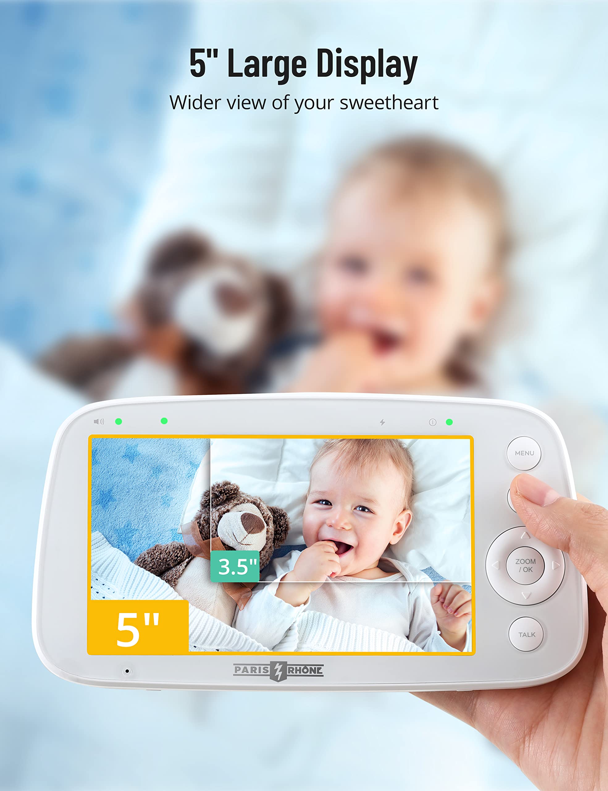 PARIS RHÔNE Video Baby Monitor, 5" 720P HD Baby Monitor with Camera and Audio, No WiFi, 2 Way Audio, VOX Mode, Infrared Night Vision, Feeding Reminder, Wide-Angle View Temperature Sensor Lullabies