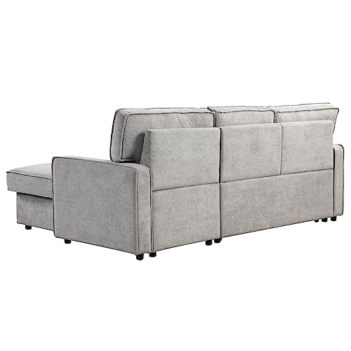 ERYE Multifunctional Sleeper Sectional Pull Bed and 2 Cupholders, Modular 3 Seaters Corner Sofa & Couch Convertible Sleep Sofabed W/Storage Chaise Port for Living Room, L-Shaped & USB, Gray