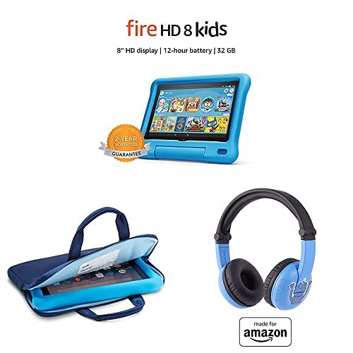Fire HD 8 Kids Tablet, 8" HD Display (32 GB, Blue) + Zipper Sleeve (Blue) + Blue PlayTime Bluetooth Headset