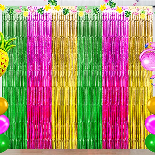 Luau Hawaiian Party Decorations, Flamingo Party Decorations, Green Rose Red and Yellow Foil Fringe Backdrop, Beach Bachelorette Streamer for Tropical Hawaiian Aloha Party Decorations(3 Pack)