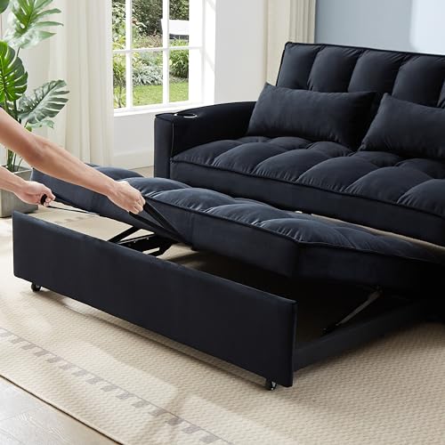 ERYE Size Futon Daybed Charging Pull Out Sleeper Couch Bed Reclining Backrest Convertible Sleep Sofabed for Home RV Apartment Office Living Room, Black Velvet Full w/2 Cupholders and USB Port