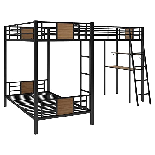 TARTOP L-Shaped Twin Over Twin&Twin Triple Bunk Bed with Desk and Shelf, Metal Bunkbed Linked with a Loftbed for 3 People, Kids Teens Bedroom, Brown