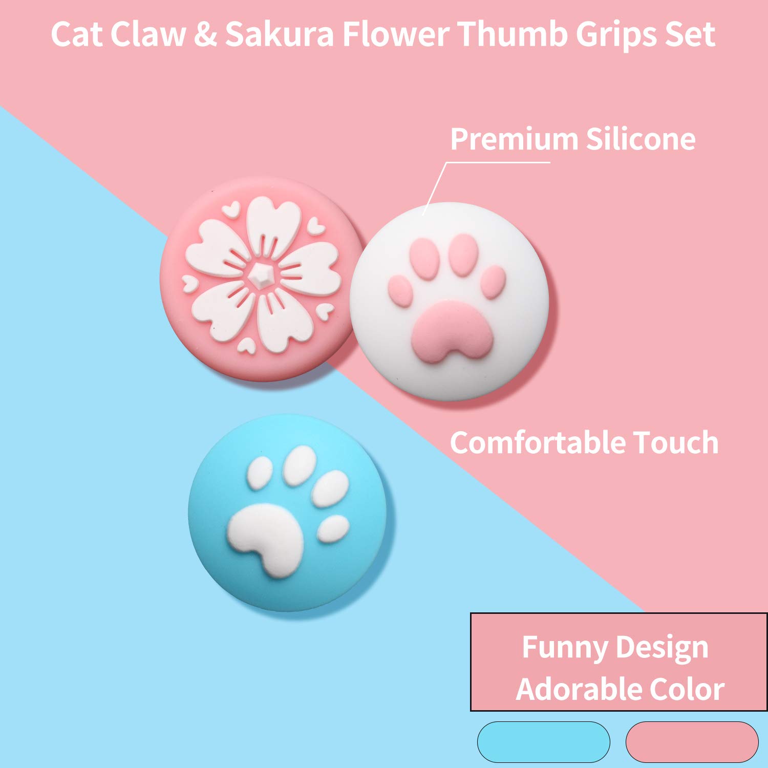 Fpxnb 4 Pairs Switch Thumb Grip Set, Analog Stick Silicone Cap Joystick Covers, Cat Claw & Sakura Flower Design, Compatible with Switch Joy-Con Controllers & Lite, Pink & Blue