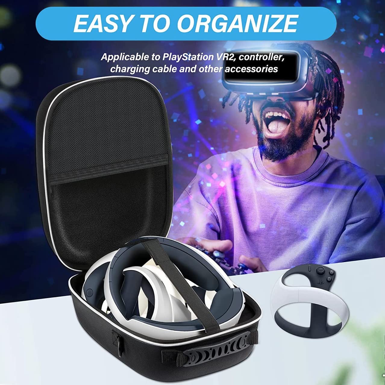 Heavy Duty Carrying Case Compatible for PS VR2, CJIABA Lightweight Travel Protective Case with Lens Protector & Cloth, Velcro Straps and Shoulder Strip for PSVR 2 Headset and Touch Controllers