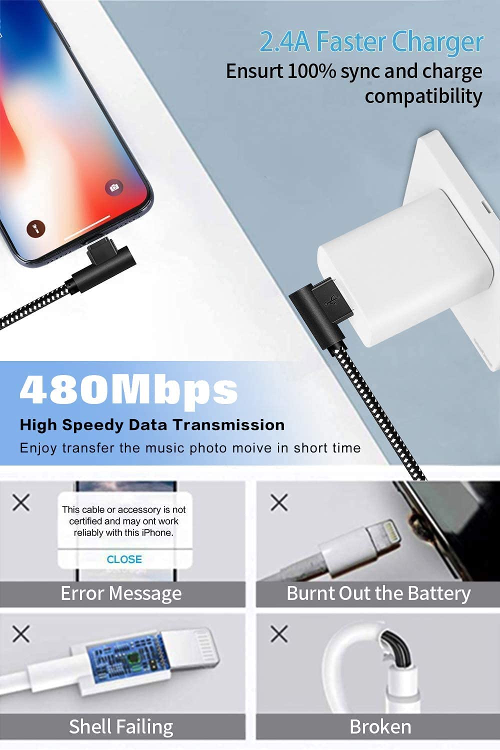 Lightning Cable 6ft (3-Pack), [Apple MFi Certified] Right Angle Braided Nylon Cable for iPhone Chargers, Fast Charging Cord Compatible with iPhone 14/13/12/11 Pro Max/XS MAX/XR/XS/X etc