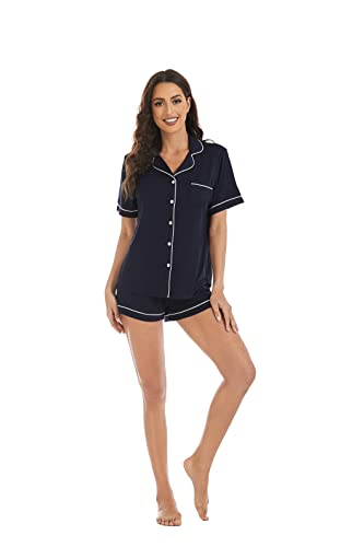 LUBOT Women's Pajamas Set Short Sleeve Button-Down Shirt PJ Pants Two-piece Shorts Set Summer Night Suit Sleepwear Loungewear (Navy Blue, M)