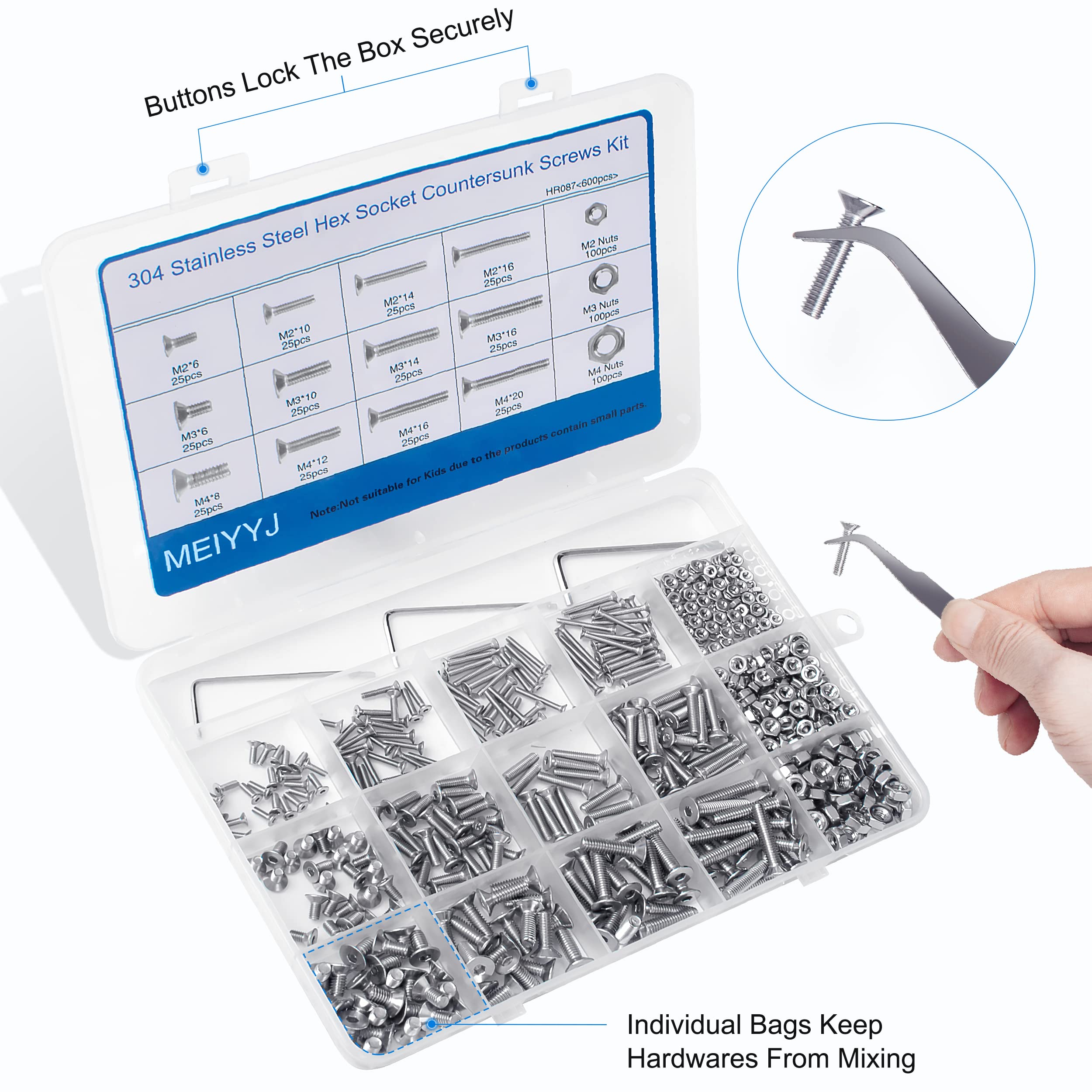 MEIYYJ 600pcs Metric M2 M3 M4 Flat Head Screws, 304 Stainless Steel Flat Head Countersunk Socket Cap Bolts Screw Nuts Assortment Kit, Allen Socket Drive