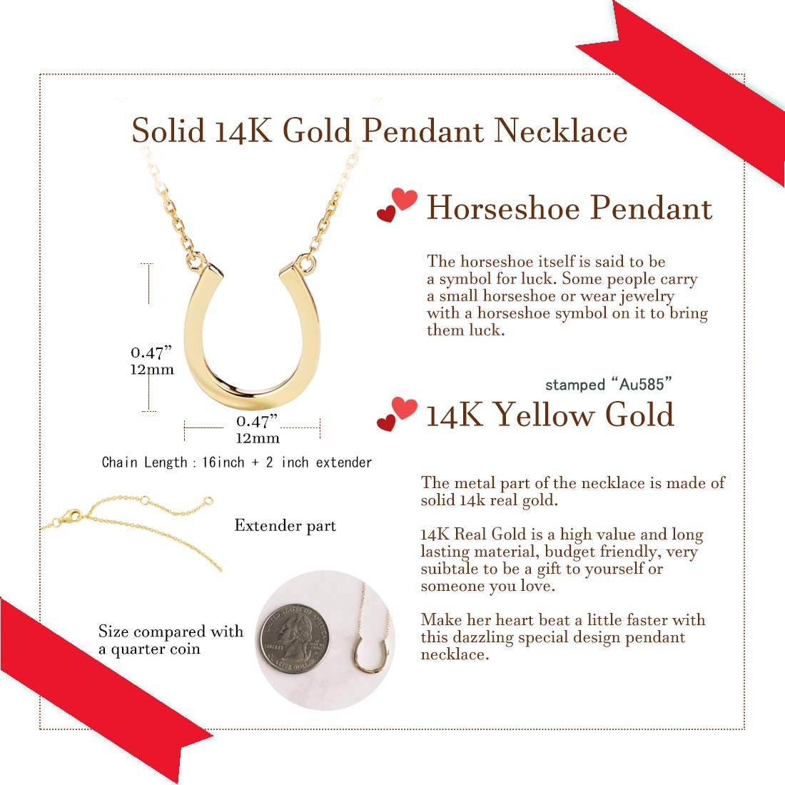 FANCIME 14K Real Solid Gold Horseshoe U Shape Pendant Necklace Fine Jewelry for Women 16+2 inch Extender