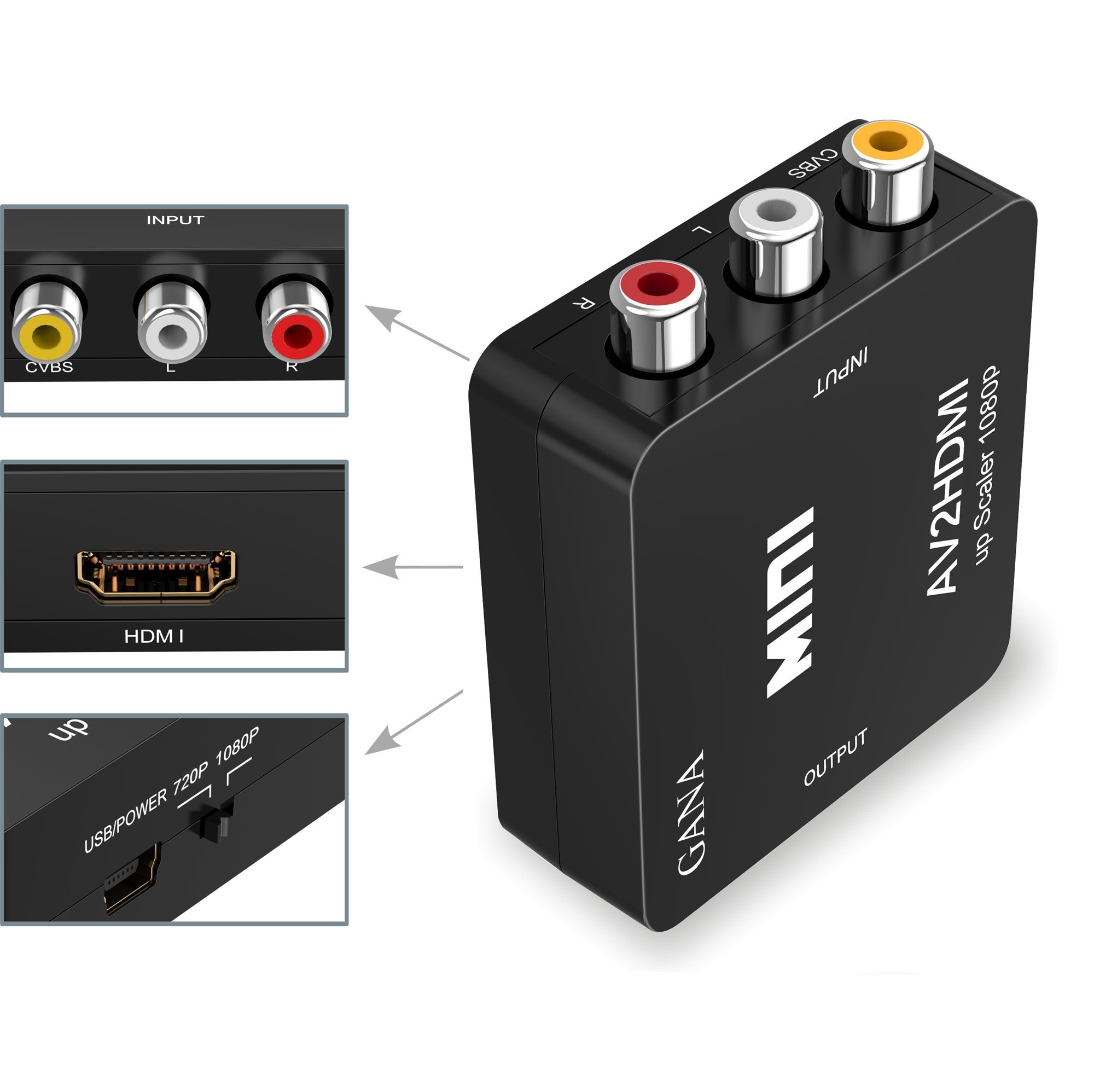 GANA RCA to HDMI, 1080P Mini RCA Composite CVBS AV to HDMI Video Audio Converter Adapter Supporting PAL/NTSC with USB Charge Cable for PC Laptop Xbox PS4 PS3 TV STB VHS VCR Camera DVD (Black)