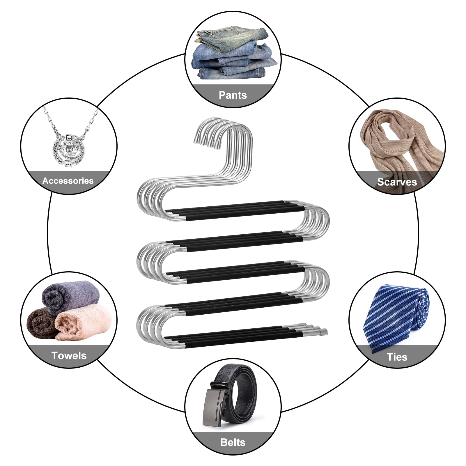 Pants Hangers Space Saving,4 Pack Stainless Steel Non-Slip Hangers for Pants,Multiple S-Shaped Closet Storage Organizer Hanger for Pants Jeans Scarf Towels Leggings