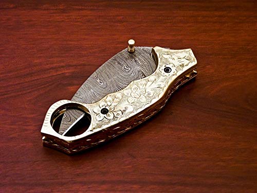 Handmade Damascus Folding Pocket Knife Karambit Knife Hunting Knife Handle Brass Steel Folding with Leather Sheath 1083