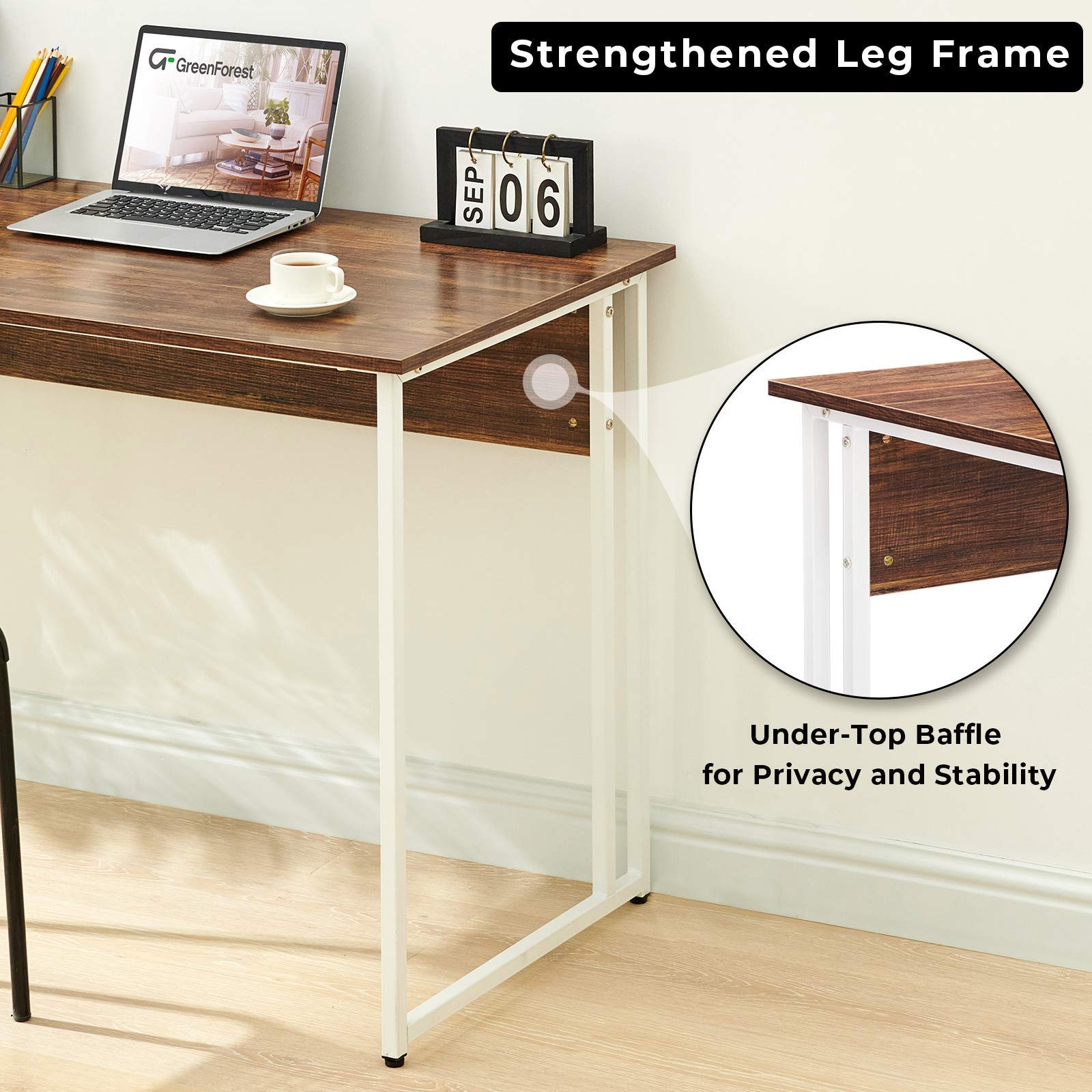 GreenForest 47" Computer Writing Desk, Small Study Desk for Small Spaces, Modern Simple Home Office Working Table for Bedroom and Domitory,with White Metal Legs, Walnut