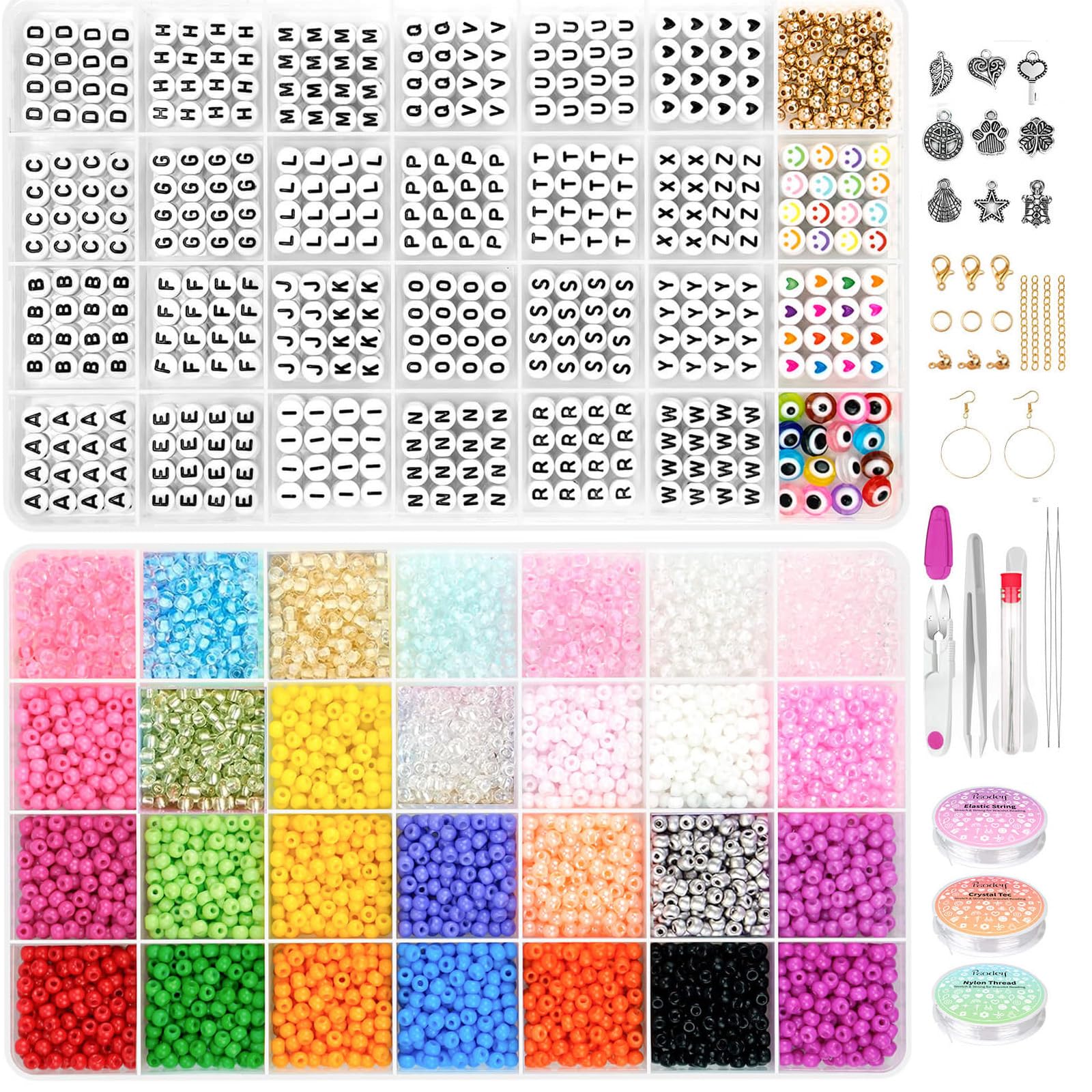 Paodey 4mm Seed Beads Uniform, 1000pcs Letter Beads, 28 Colors 6500pcs Size 6 Glass Seed Beads for Bracelets Making, Loom for Name Friendship Bracelets Jewelry Making Kit with Tools