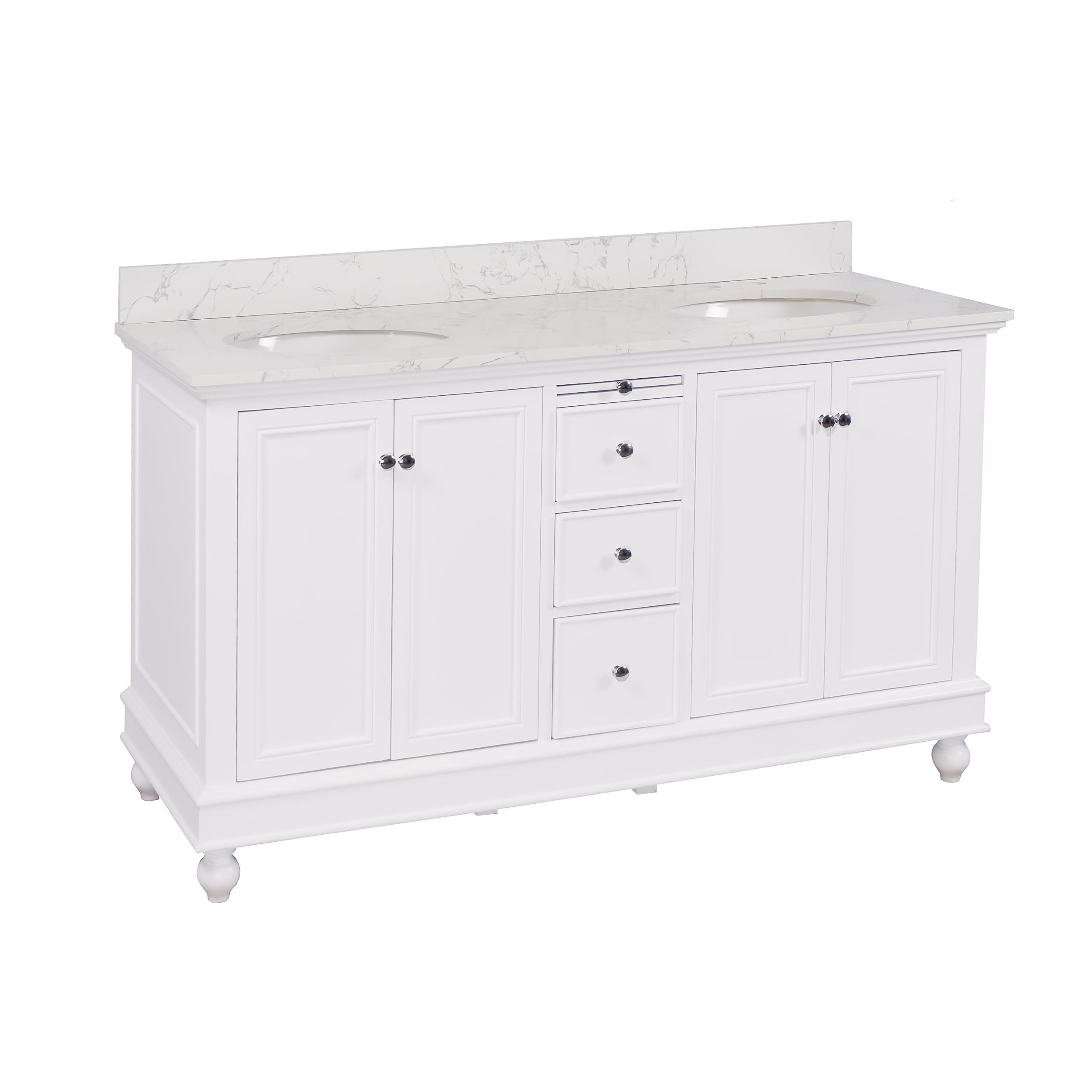 Kitchen Bath Collection Bella 60-inch Double Bathroom Vanity (Engineered Marble/White): Includes White Cabinet with Engineered Marble Countertop and White Ceramic Sinks