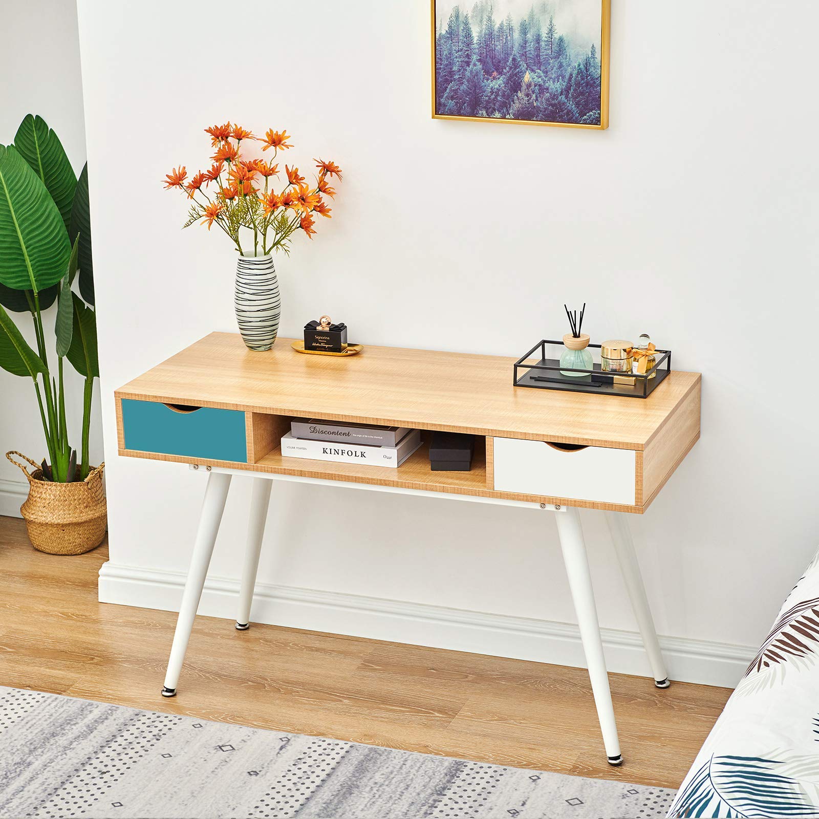GreenForest 47inch Computer Office Desk with Drawers for Small Space Room Home Bedroom Writing Study Desk with Three Storage Vanity Makeup Dressing Table with White Metal Legs for Kids Adults
