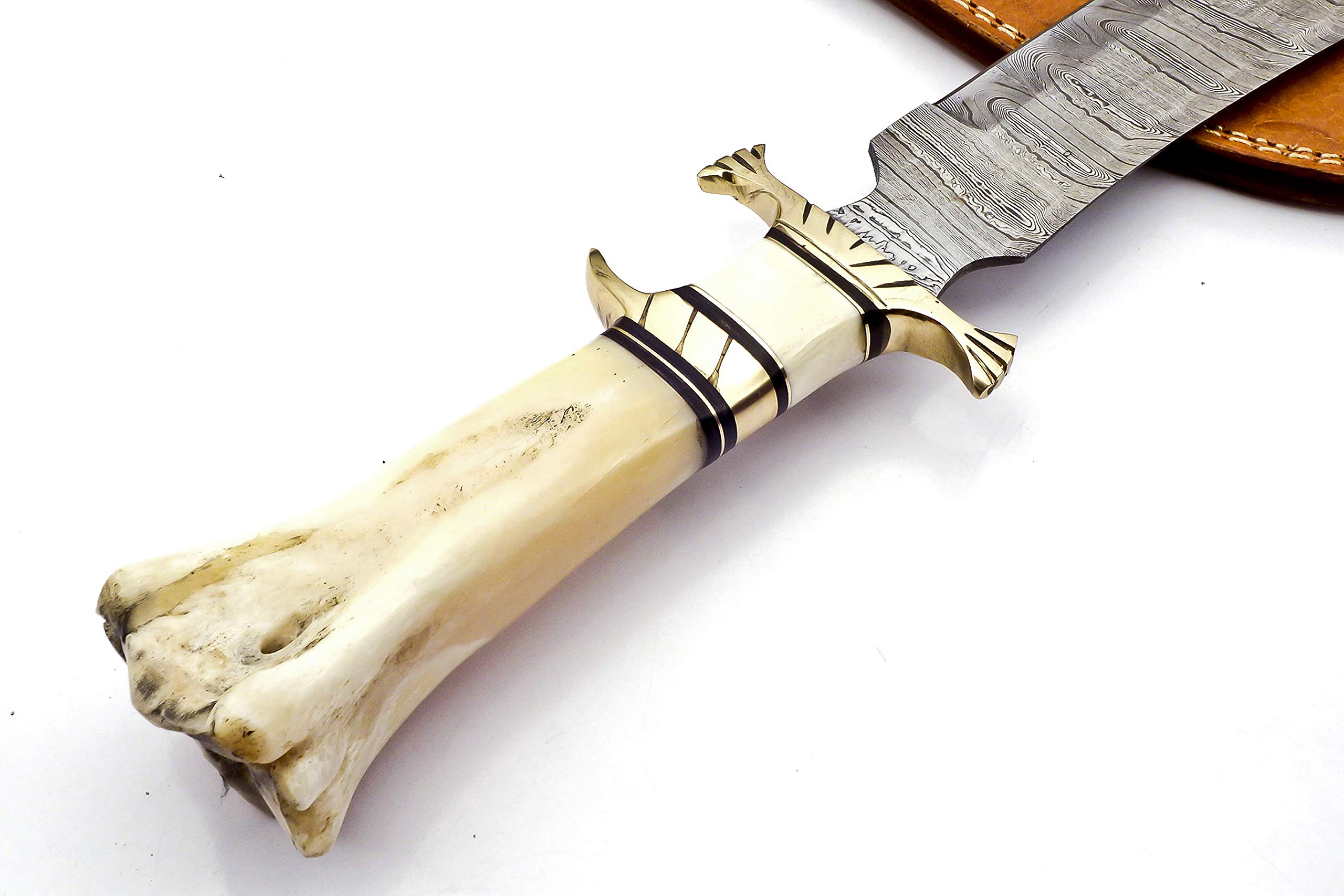 HandSmith™ 15" Handmade Damascus Steel Hunting Knife, Hand Forged Damascus Steel Fixed Blade Bowie Knife, Genuine Leather Sheath, Camel Bone Handle Firm Grip (White)