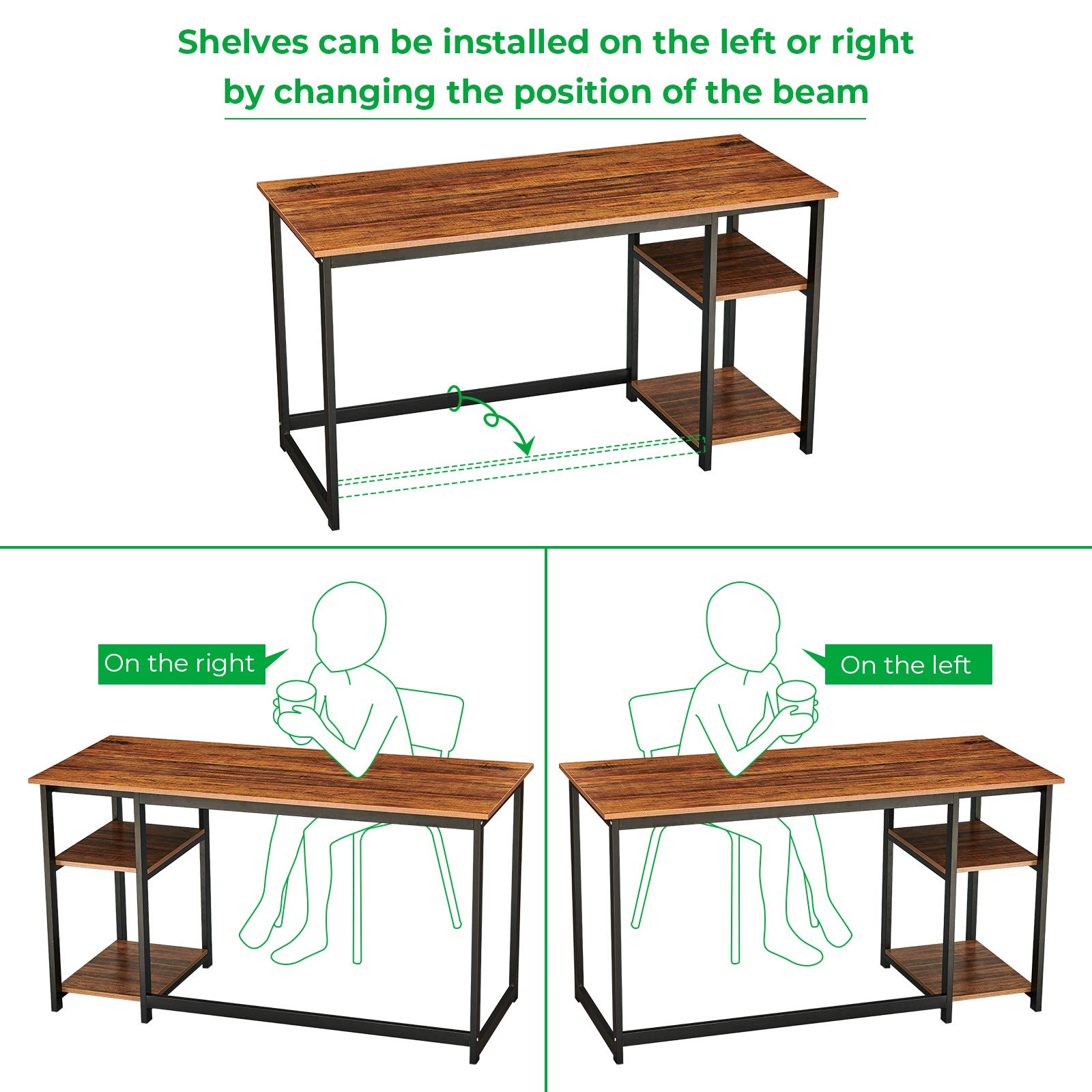 GreenForest Computer Desk with Shelves 55 inch Large Home Office Desk for Writing Study Modern PC Workstation,Easy Assembly,Walnut