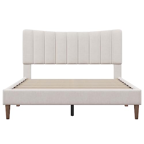 OTRIEK Queen Size Platform Bed, Modern Upholstered Platform Bed, Solid Wood Bed Frame with Vertical Channel Tufted Headboard, No Box Spring Needed for Boys Girls Bedroom (Cream)