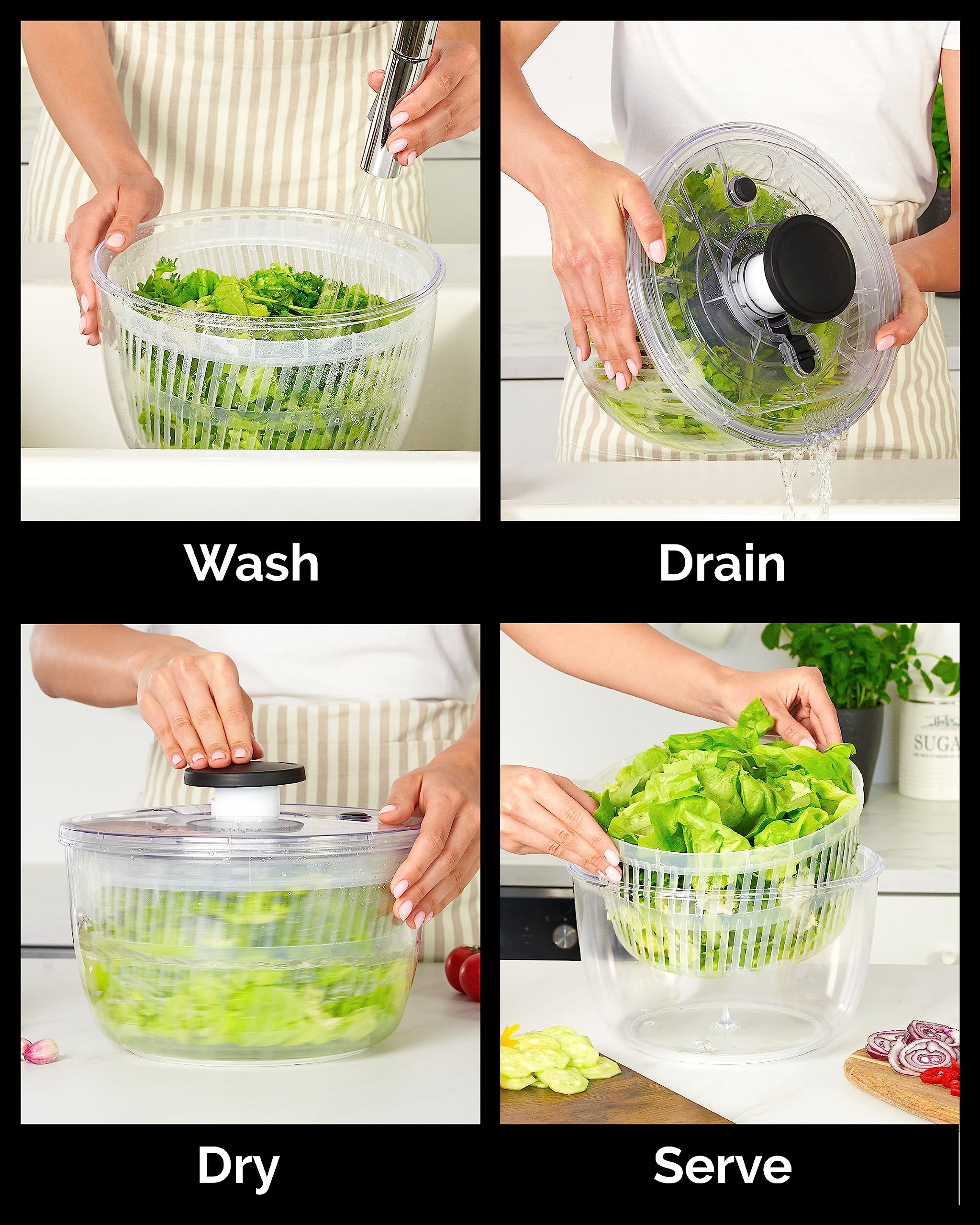 lily&stone Large Pump Salad Spinner with Drain, Bowl, and Colander - Quick and Easy Multi-Use Lettuce Spinner, Vegetable Dryer, Fruit Washer, Pasta and Fries Spinner - 6.33 Qt