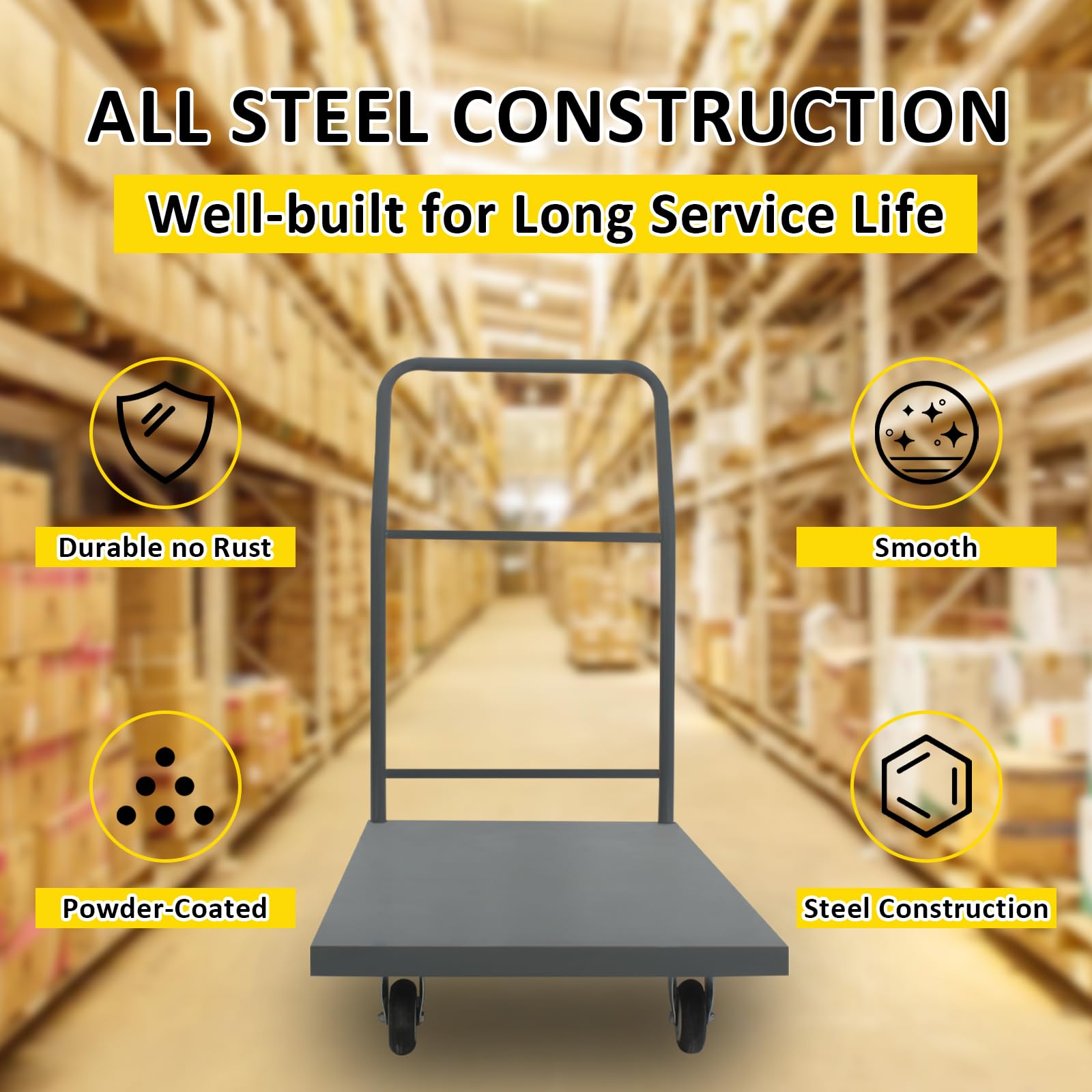 Heavy Duty Platform Truck Moving Flatbed Cart, 24"x48"Push Dolly, 2000 LBS Dolly Cart Flatform with Wheels and Handle, Steel Flatbed Cart for Luggage Moving, Shopping