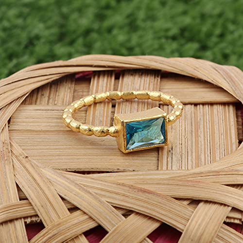 El Joyero Handmade Blue Topaz Emerald Cut Design Rectangle Shape Gemstone Brass Gold Plated Rings