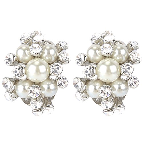 EVER FAITH Austrian Crystal White Simulated Pearl Bridal Cluster Pierced Stud Earrings Clear Silver-Tone