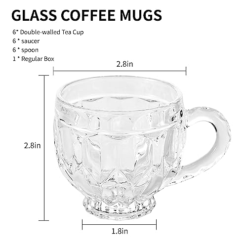 GURUDAR Glass Coffee Mug Set of 6, Clear Espresso Cup with Handle, Lead-Free Drinking Glassware, Perfect for Tea Latte Cappuccino Juice and More Beverage, 6OZ/180ML