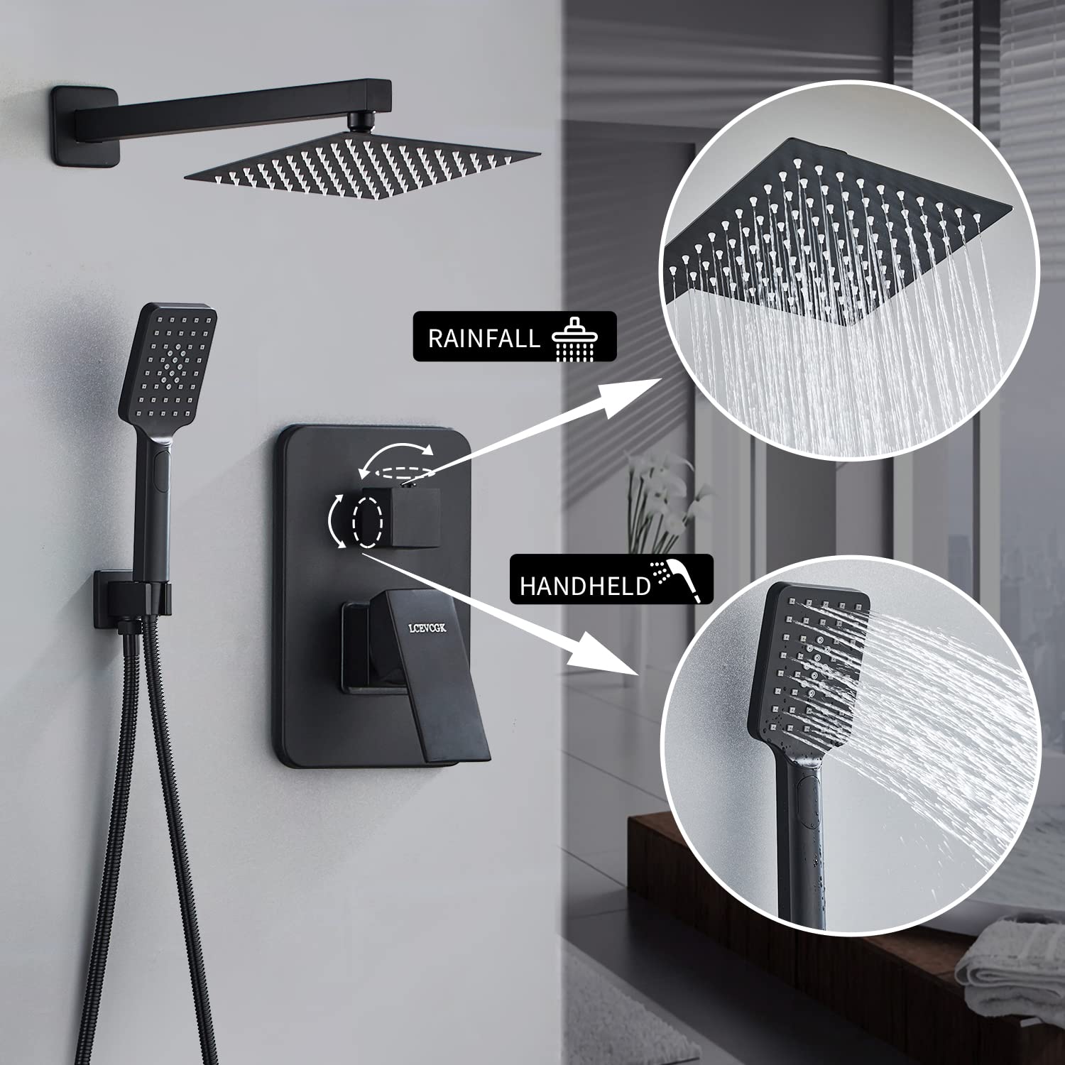 LCEVCGK Shower Head, Shower Faucet Set Square Shower Combo System with 8'' Rainfall Shower Head Wall Mount 3-Setting Handheld Shower,Stainless Steel Bath Shower Head,Matte Black