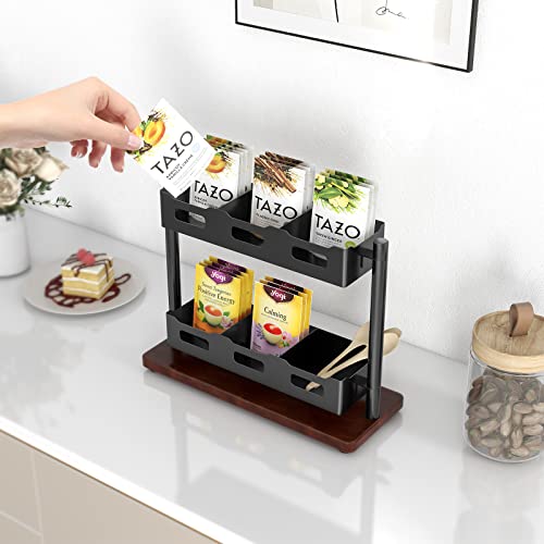 Tea Bag Organizer, 2 Tier Tea Bags Organizer Holdr Holds 50 Teabags, Solid Wood Vertical Tea Storage, Tea Rack for Tea Bags, Countertop, Black