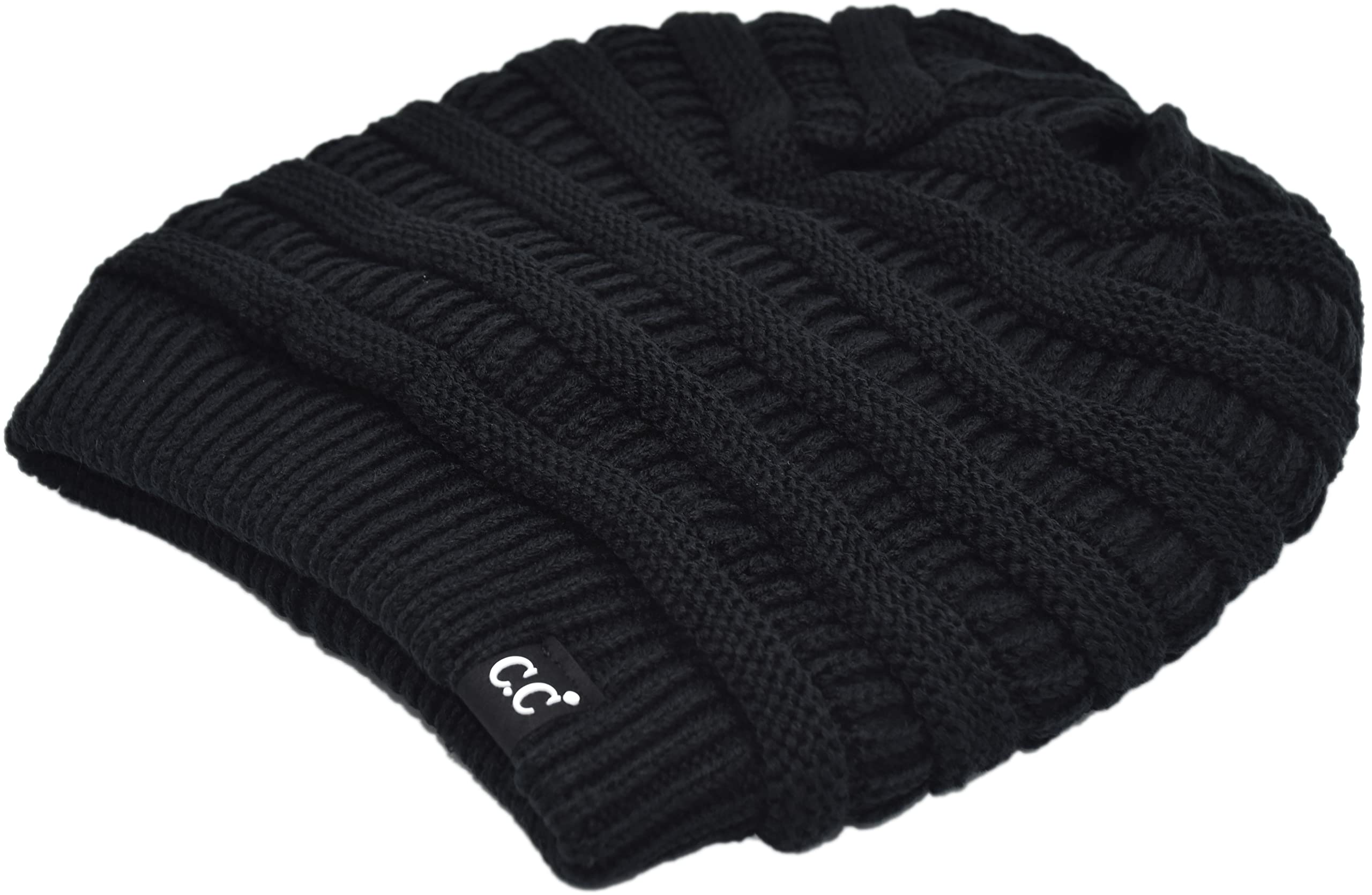 Heavy Fuzzy Lined Stretchy Cold Weather Toboggan Cap Stocking Slouchy Oversized Winter Knit Beanie for Men and Women Black