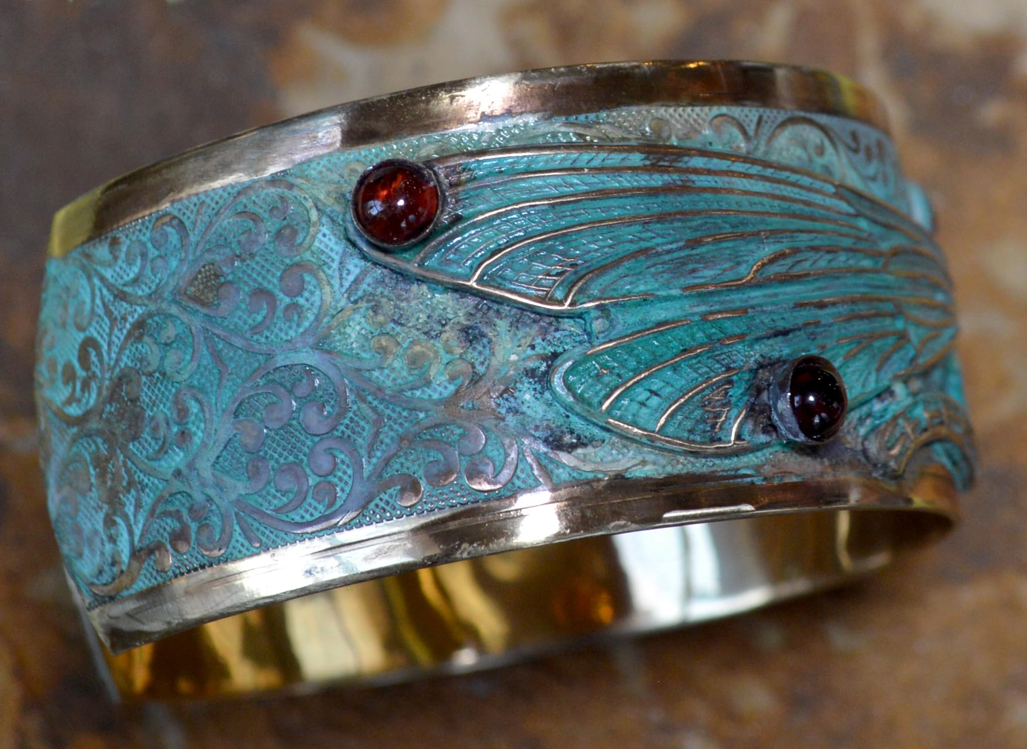 Elaine Coyne Collectible Artwear Dragonfly Cuff Bracelet - USA Made - Genuine Garnet