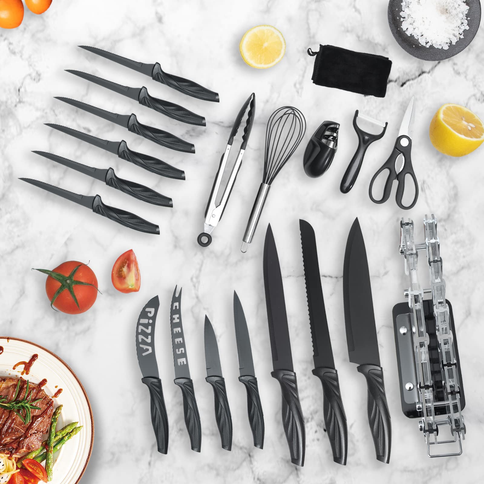 Kitchen Knife Set with Block, 20 PCS Stainless Steel Chef Knives Set with Sharpener for Women, Clear Knives Block Set for Kitchen Include 6 Steak Knives, 7 Nonstick Coating Knives, Peeler, Etc, Black