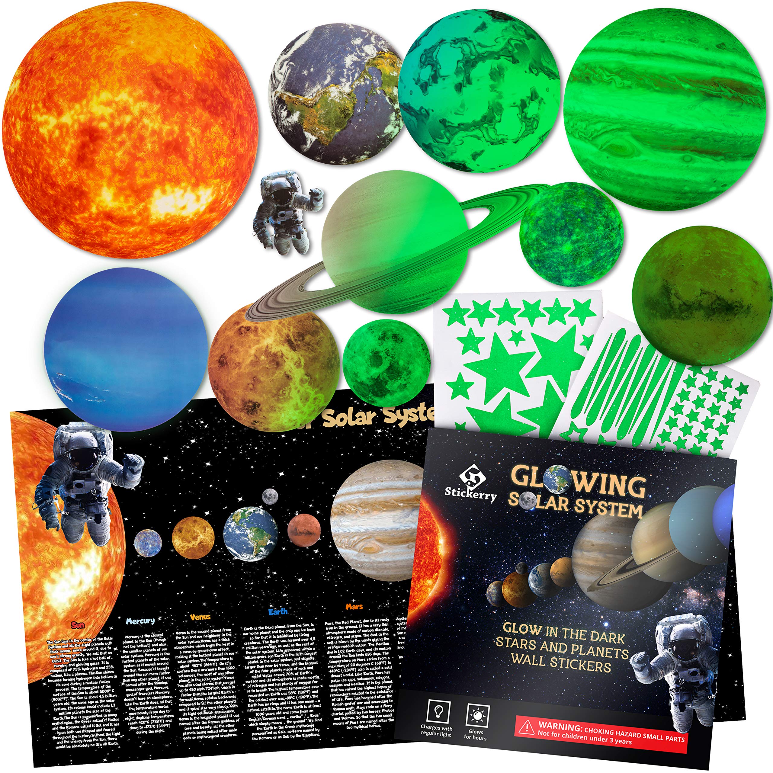 Glow in The Dark Stars and Planets for Ceiling, Bright Solar System Wall Stickers for Kids + Educational Solar System Poster, Planets for Kids Space Decoration, Birthday Gift for Boys and Girls