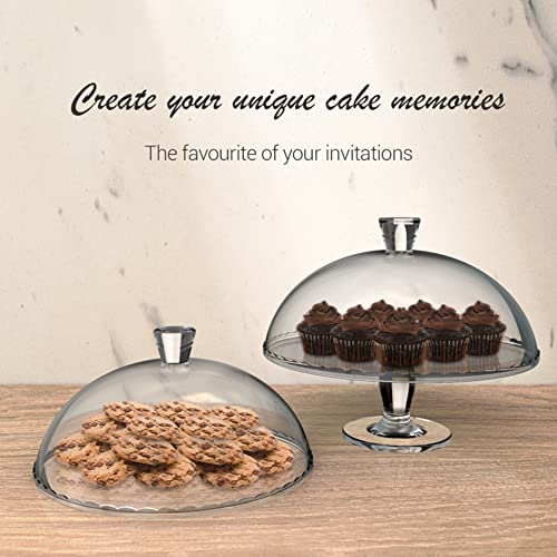 ums Glass Cake Stand with Dome - Footed Glass Service Plate, Large Size (12 inch), Footed Cake Plate Wıth Dome, Multifunctional Serving Platter, durable glass