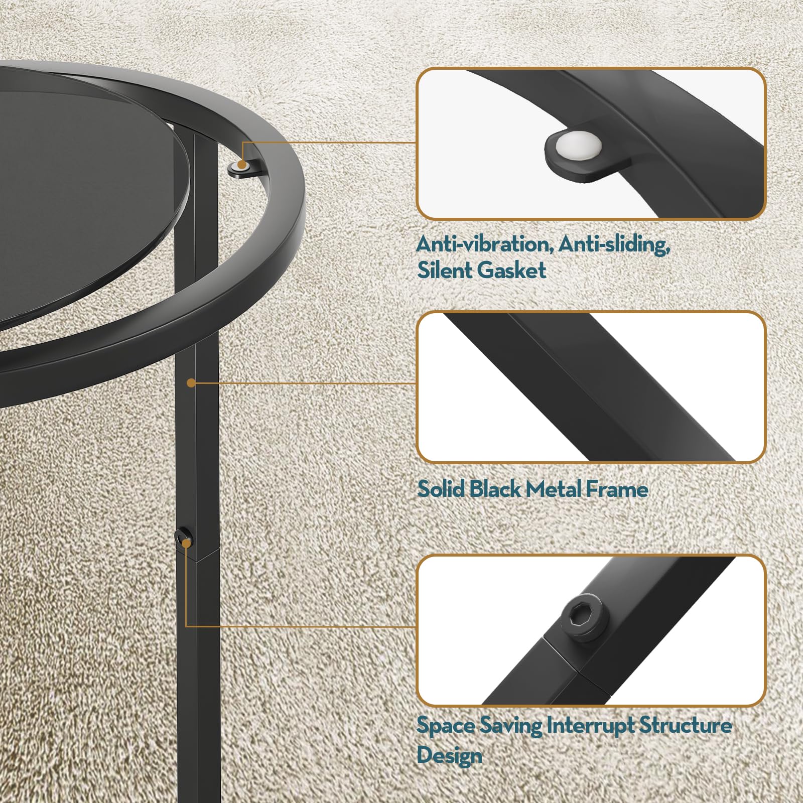 SAYGOER Small Side Table Round Glass End Table for Small Spaces Narrow Couch Night Stand Modern Bedside Table with Black Metal Frame for Bedroom Living Room, Easy Assembly