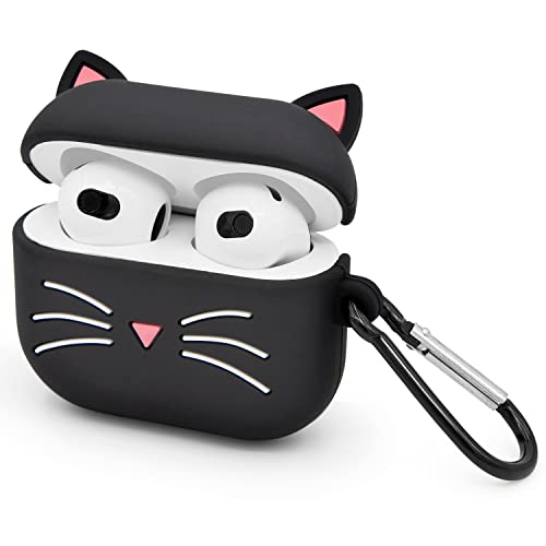 Mouzor Cute AirPods 3 Case (2021), Black Whisker Cat AirPods 3rd Generation (2021) Case Funny 3D Cartoon Animal Shockproof Soft Silicone Charging Case Cover with Carabiner for Kids Girls Boys Women